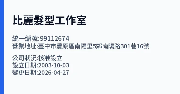 比麗髮型工作室的照片-統編 99112674(臺中市) 公司登記資料與營業項目詳細圖表