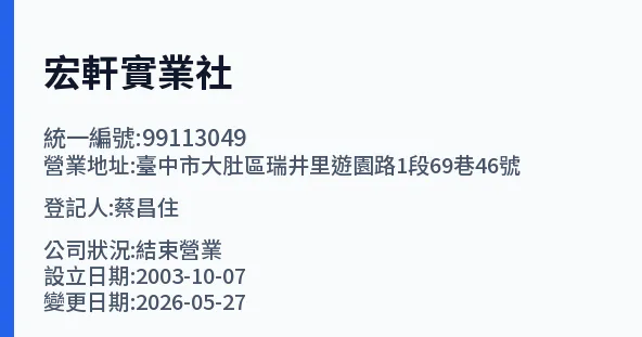 宏軒實業社的照片-統編 99113049(臺中市) 公司登記資料與營業項目詳細圖表