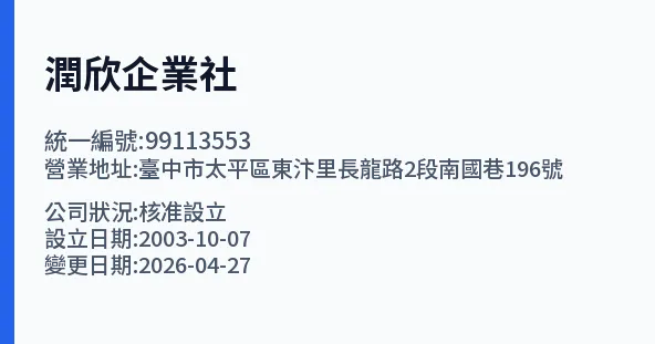 潤欣企業社的照片-統編 99113553(臺中市) 公司登記資料與營業項目詳細圖表