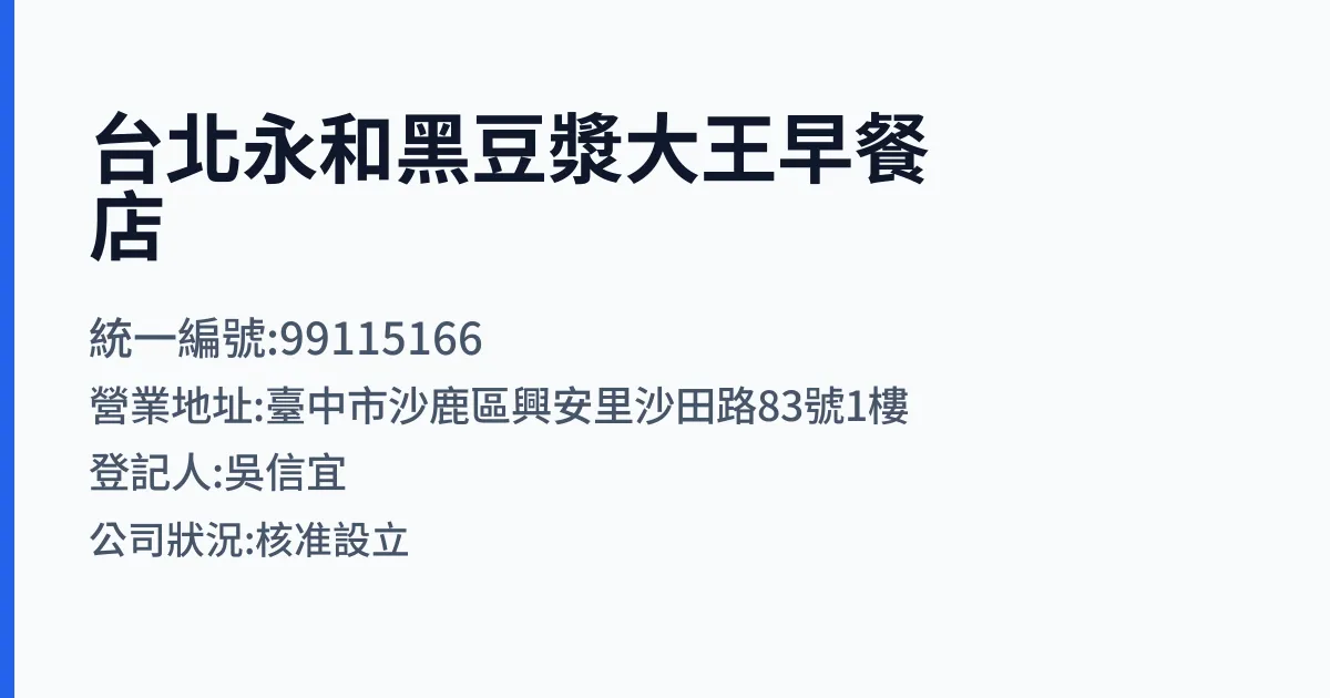 台北永和黑豆漿大王早餐店 - 統編 99115166(臺中市) 公司登記資料與營業項目詳細圖表