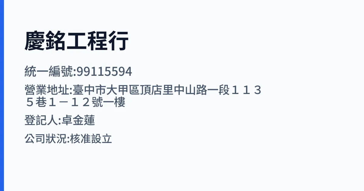 慶銘工程行 - 統編 99115594(臺中市) 公司登記資料與營業項目詳細圖表