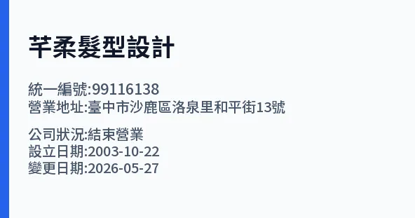 芊柔髮型設計的照片-統編 99116138(臺中市) 公司登記資料與營業項目詳細圖表