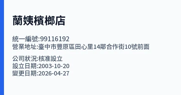 蘭姨檳榔店的照片-統編 99116192(臺中市) 公司登記資料與營業項目詳細圖表