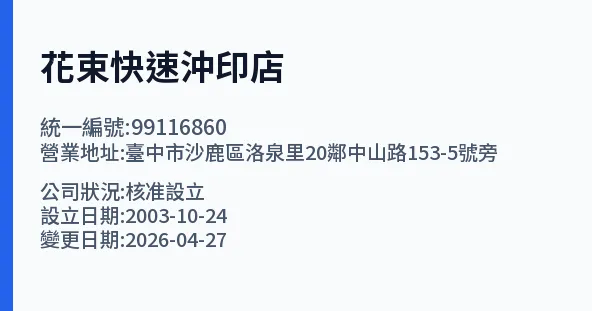 花束快速沖印店的照片-統編 99116860(臺中市) 公司登記資料與營業項目詳細圖表