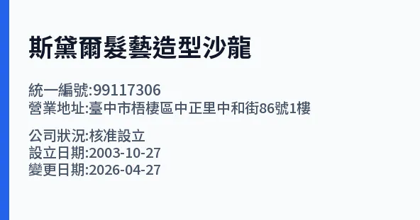 斯黛爾髮藝造型沙龍的照片-統編 99117306(臺中市) 公司登記資料與營業項目詳細圖表