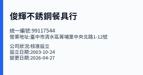 俊輝不銹鋼餐具行的照片-統編 99117544(臺中市) 公司登記資料與營業項目詳細圖表
