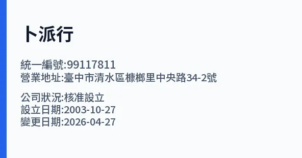 卜派行的照片-統編 99117811(臺中市) 公司登記資料與營業項目詳細圖表