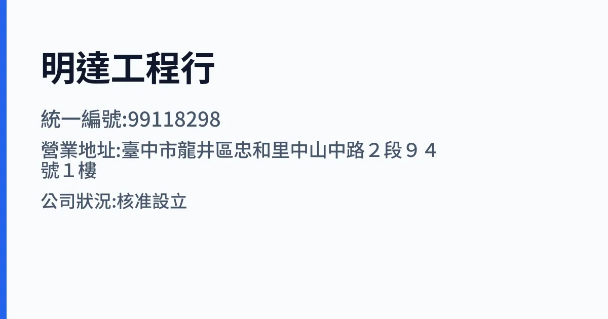 明達工程行 - 統編 99118298(臺中市) 公司登記資料與營業項目詳細圖表