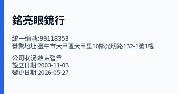 銘亮眼鏡行的照片-統編 99118353(臺中市) 公司登記資料與營業項目詳細圖表