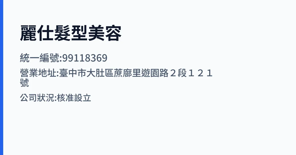 麗仕髮型美容 - 統編 99118369(臺中市) 公司登記資料與營業項目詳細圖表