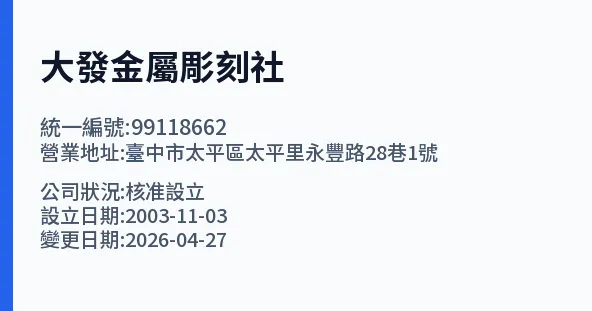 大發金屬彫刻社的照片-統編 99118662(臺中市) 公司登記資料與營業項目詳細圖表