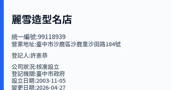 麗雪造型名店的照片-統編 99118939(臺中市) 公司登記資料與營業項目詳細圖表