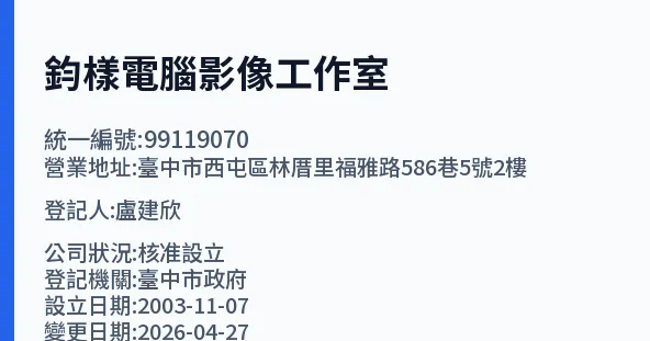 鈞樣電腦影像工作室的照片-統編 99119070(臺中市) 公司登記資料與營業項目詳細圖表