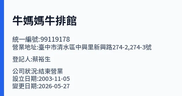 牛媽媽牛排館的照片-統編 99119178(臺中市) 公司登記資料與營業項目詳細圖表