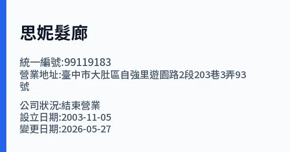 思妮髮廊的照片-統編 99119183(臺中市) 公司登記資料與營業項目詳細圖表