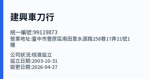 建興車刀行的照片-統編 99119873(臺中市) 公司登記資料與營業項目詳細圖表