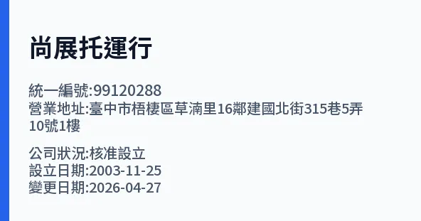 尚展托運行的照片-統編 99120288(臺中市) 公司登記資料與營業項目詳細圖表