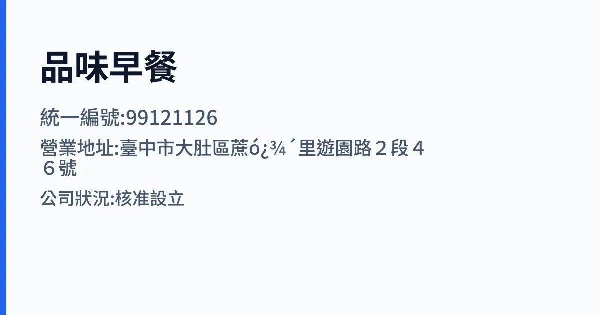 品味早餐 - 統編 99121126(臺中市) 公司登記資料與營業項目詳細圖表