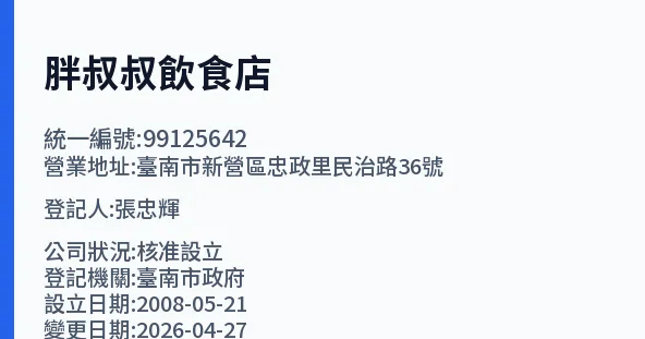 胖叔叔飲食店的照片-統編 99125642(臺南市) 公司登記資料與營業項目詳細圖表