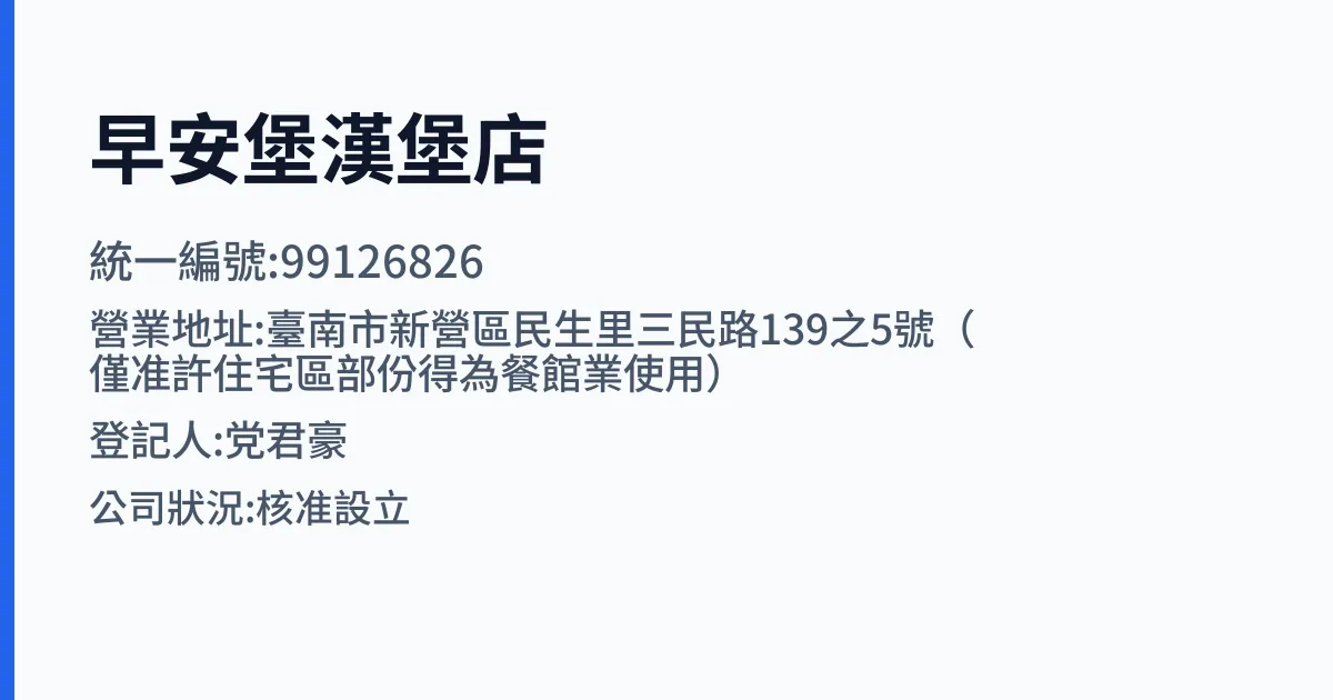 早安堡漢堡店 - 統編 99126826(臺南市) 公司登記資料與營業項目詳細圖表