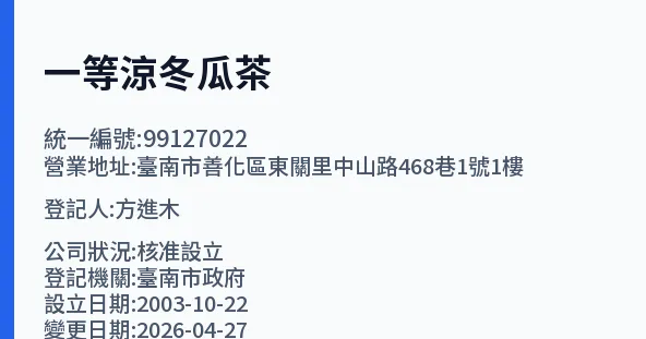 一等涼冬瓜茶的照片-統編 99127022(臺南市) 公司登記資料與營業項目詳細圖表