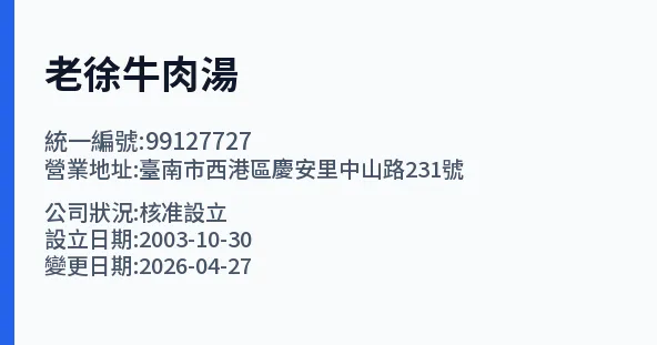 老徐牛肉湯的照片-統編 99127727(臺南市) 公司登記資料與營業項目詳細圖表
