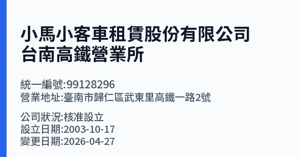 小馬小客車租賃股份有限公司台南高鐵營業所的照片-統編 99128296(臺南市) 公司登記資料與營業項目詳細圖表