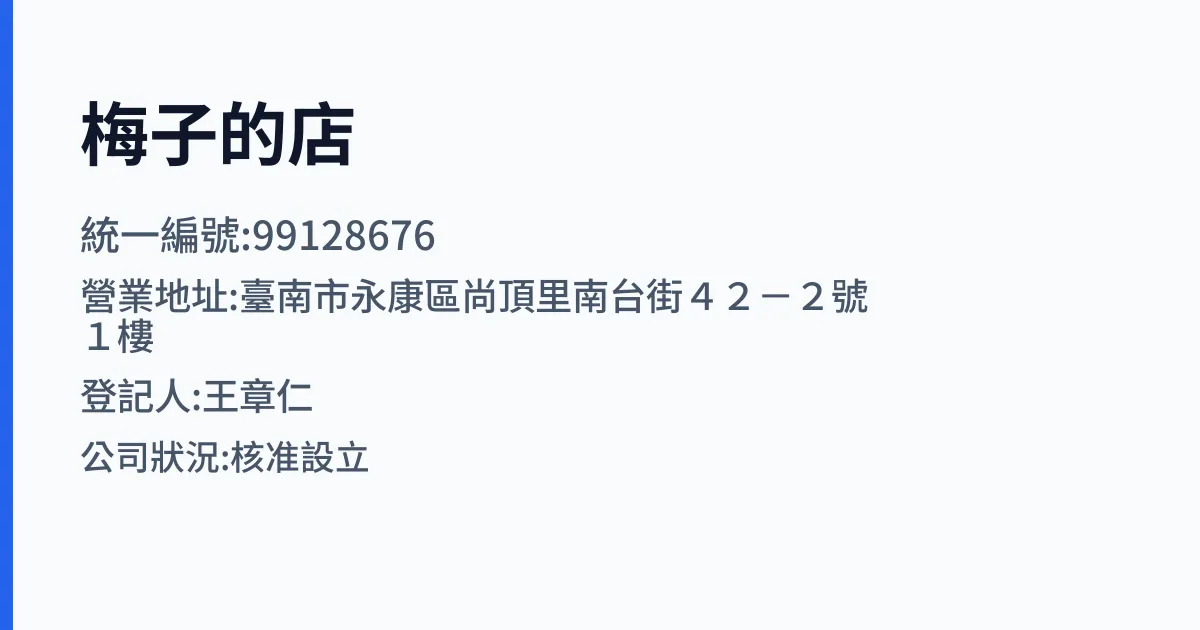 梅子的店 - 統編 99128676(臺南市) 公司登記資料與營業項目詳細圖表