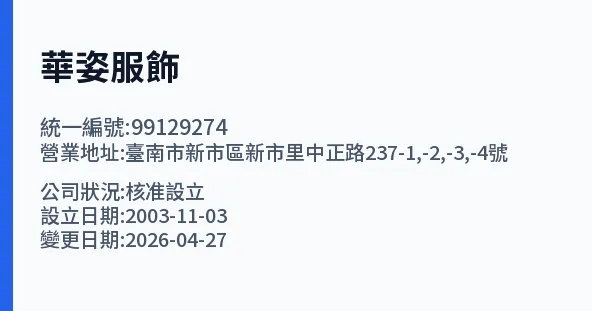 華姿服飾的照片-統編 99129274(臺南市) 公司登記資料與營業項目詳細圖表