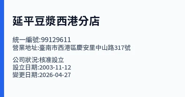 延平豆漿西港分店的照片-統編 99129611(臺南市) 公司登記資料與營業項目詳細圖表