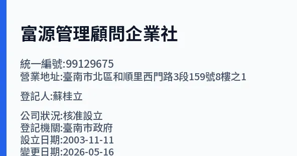 富源管理顧問企業社的照片-統編 99129675(臺南市) 公司登記資料與營業項目詳細圖表