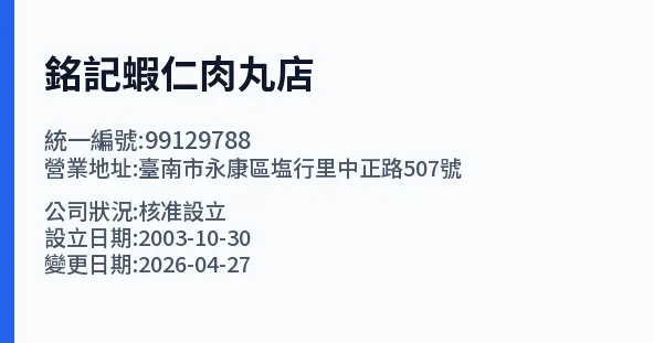 銘記蝦仁肉丸店的照片-統編 99129788(臺南市) 公司登記資料與營業項目詳細圖表