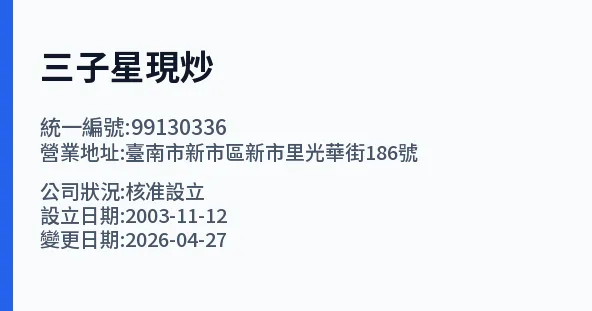 三子星現炒的照片-統編 99130336(臺南市) 公司登記資料與營業項目詳細圖表