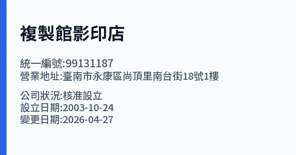 複製館影印店的照片-統編 99131187(臺南市) 公司登記資料與營業項目詳細圖表