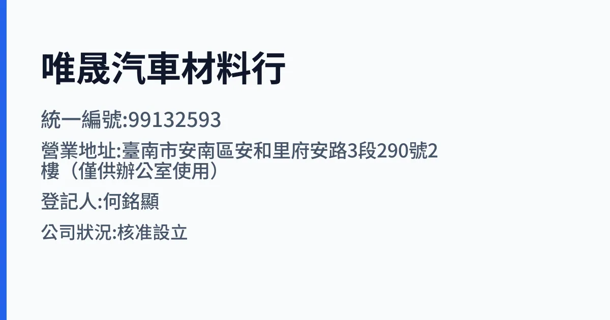 唯晟汽車材料行 - 統編 99132593(臺南市) 公司登記資料與營業項目詳細圖表