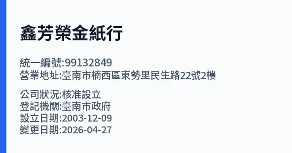 鑫芳榮金紙行的照片-統編 99132849(臺南市) 公司登記資料與營業項目詳細圖表