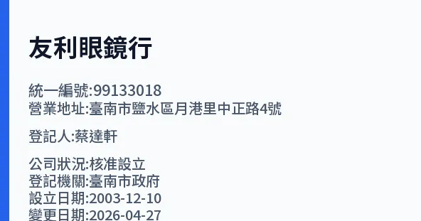 友利眼鏡行的照片-統編 99133018(臺南市) 公司登記資料與營業項目詳細圖表