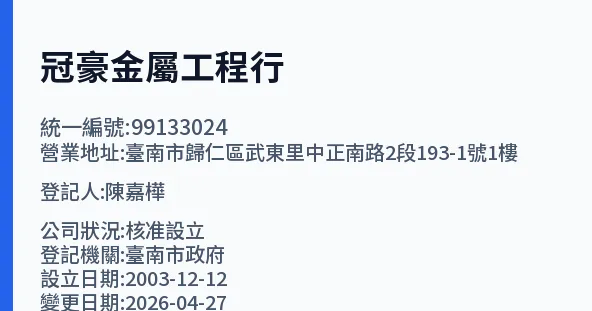冠豪金屬工程行的照片-統編 99133024(臺南市) 公司登記資料與營業項目詳細圖表