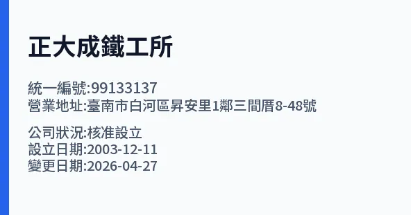 正大成鐵工所的照片-統編 99133137(臺南市) 公司登記資料與營業項目詳細圖表