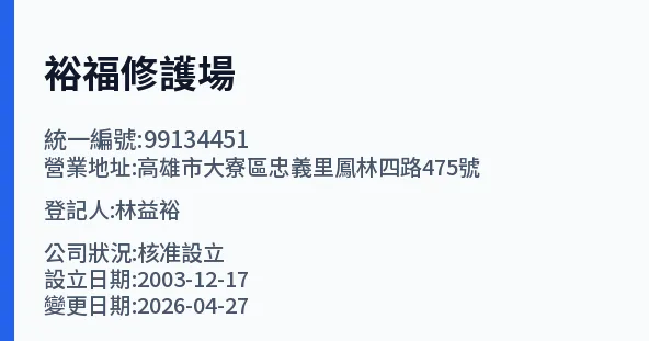 裕福修護場的照片-統編 99134451(高雄市) 公司登記資料與營業項目詳細圖表