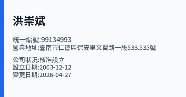 洪崇斌的照片-統編 99134993(臺南市) 公司登記資料與營業項目詳細圖表