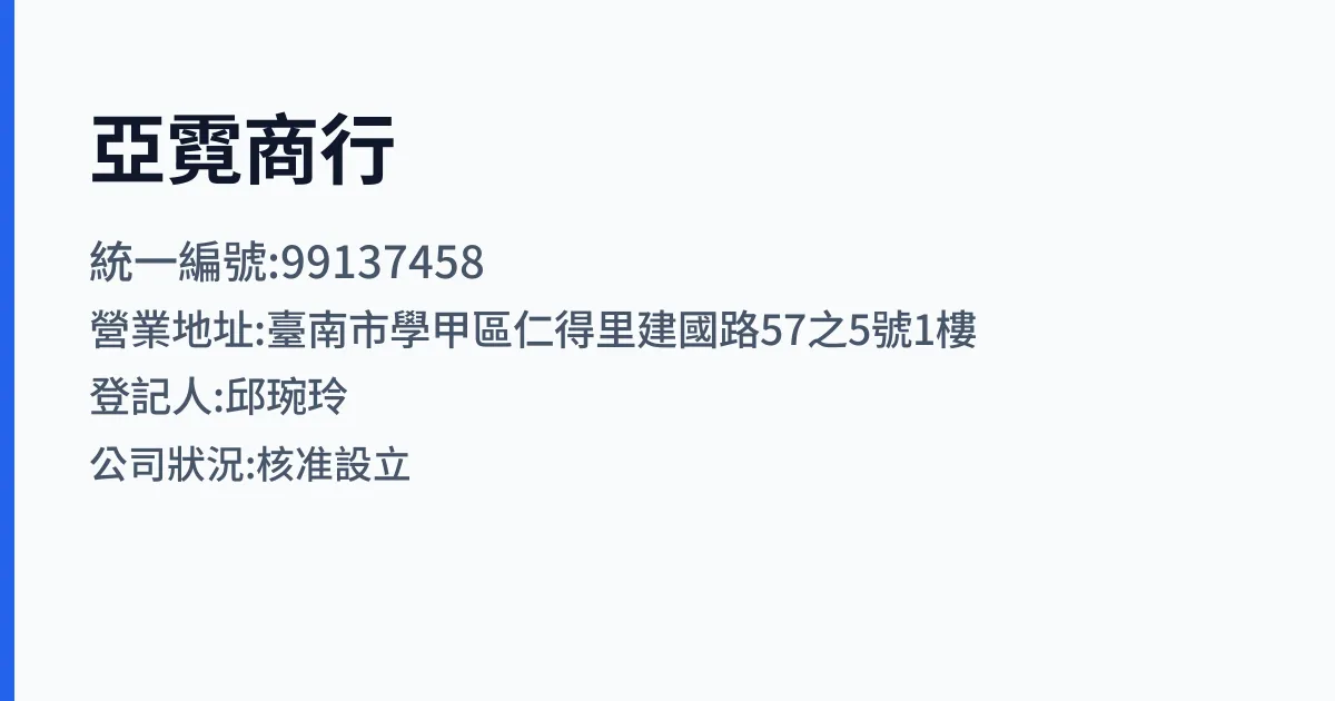 亞霓商行 - 統編 99137458(臺南市) 公司登記資料與營業項目詳細圖表