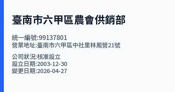 臺南市六甲區農會供銷部的照片-統編 99137801(臺南市) 公司登記資料與營業項目詳細圖表