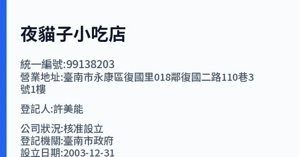 夜貓子小吃店的照片-統編 99138203(臺南市) 公司登記資料與營業項目詳細圖表
