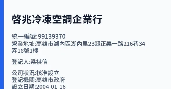 啓兆冷凍空調企業行的照片-統編 99139370(高雄市) 公司登記資料與營業項目詳細圖表