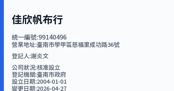 佳欣帆布行的照片-統編 99140496(臺南市) 公司登記資料與營業項目詳細圖表