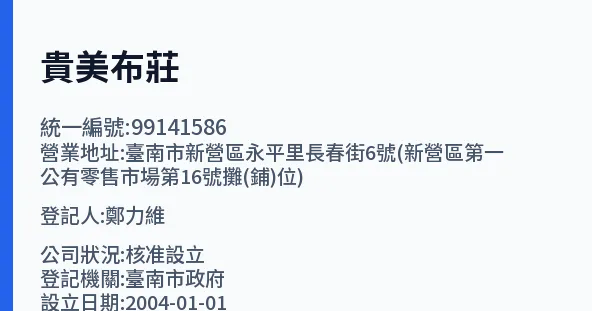 貴美布莊的照片-統編 99141586(臺南市) 公司登記資料與營業項目詳細圖表