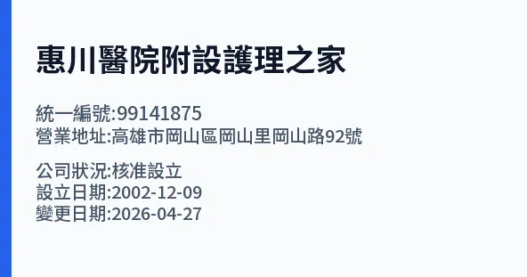 惠川醫院附設護理之家的照片-統編 99141875(高雄市) 公司登記資料與營業項目詳細圖表