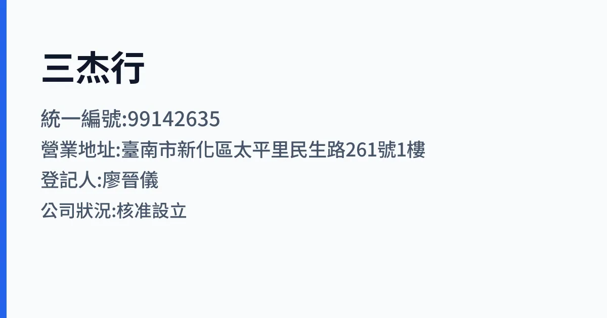 三杰行 - 統編 99142635(臺南市) 公司登記資料與營業項目詳細圖表