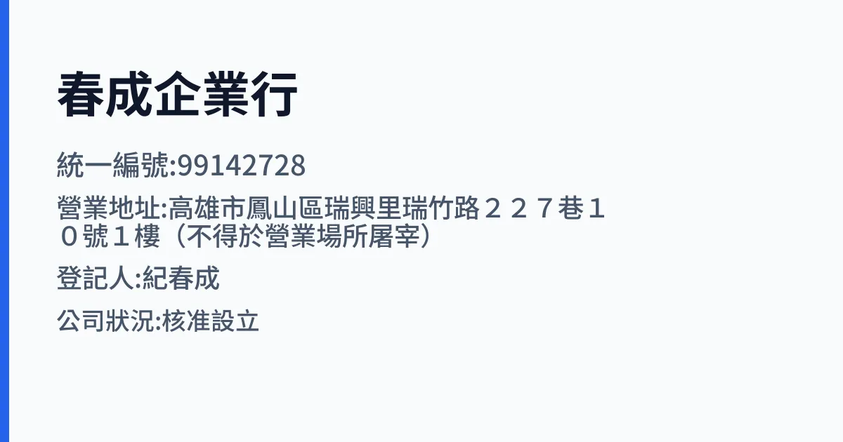 春成企業行 - 統編 99142728(高雄市) 公司登記資料與營業項目詳細圖表